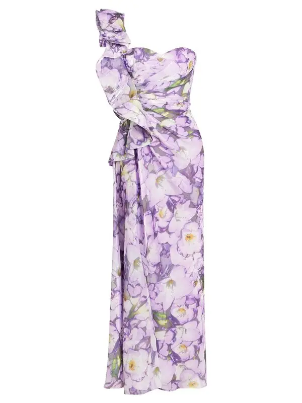 Badgley Mischka One-shoulder Floral-print Crepon Maxi Dress - Lilac