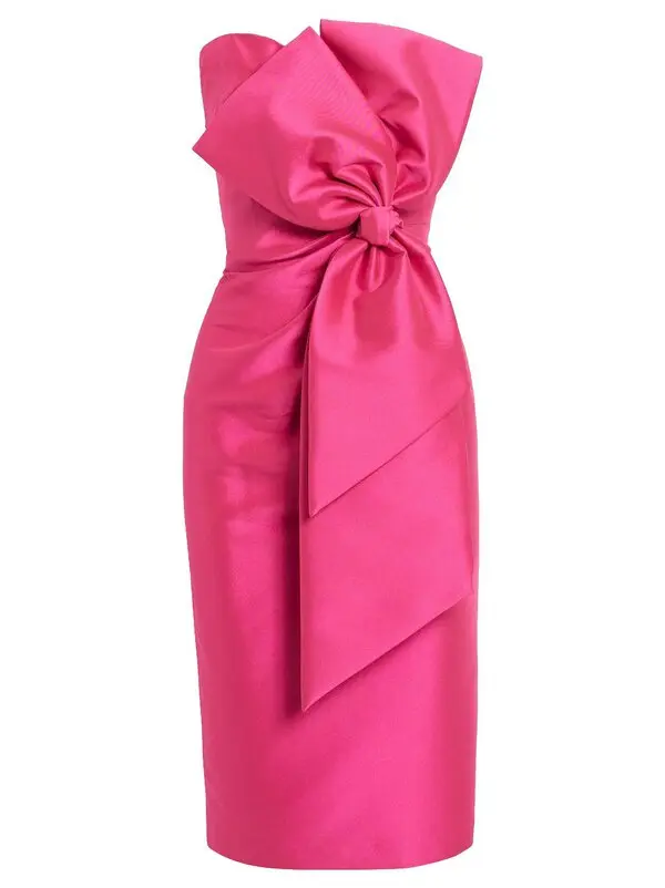 Badgley Mischka Strapless Bow-detailed Faille Midi Dress - Bright Pink