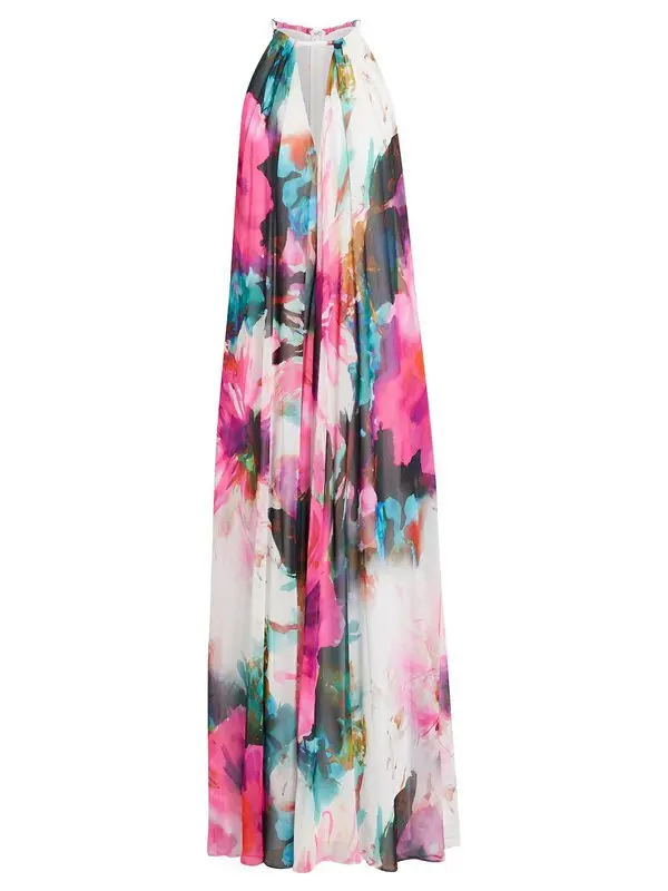 Badgley Mischka Gathered Printed Chiffon Maxi Dress - Pink