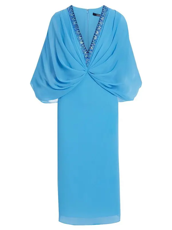 Badgley Mischka Draped Embellished Chiffon Midi Dress - Azure