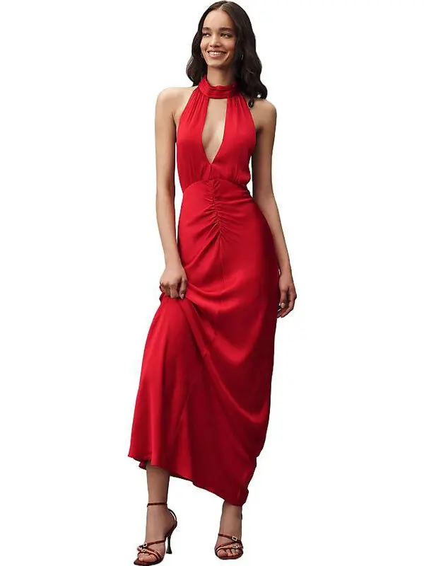 Shona Joy Tatum Mock-neck Halter Cutout Ruched Satin Maxi Dress - Grenadine