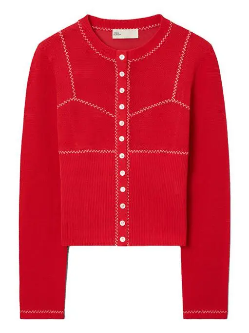 Tory Burch Cotton And Nylon Mesh Cardigan - Bright Red/white