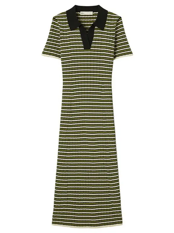 Tory Burch Stripe Knit Polo Midi Dress - Deep Walnut