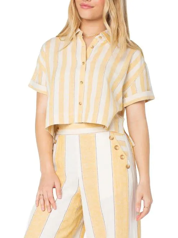Roxy Kula Linen Blend Crop Button-up Shirt - Amber Gold Horizon Stripe