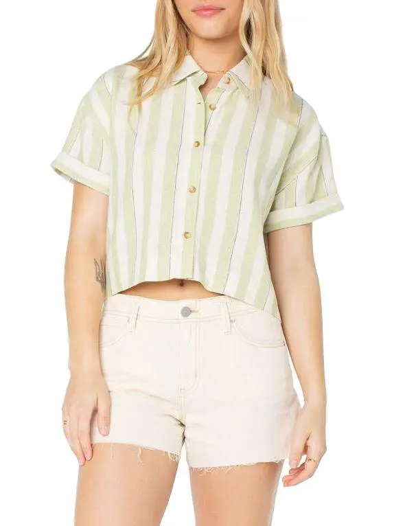 Roxy Kula Linen Blend Crop Button-up Shirt - Tarragon Horizon Stripe