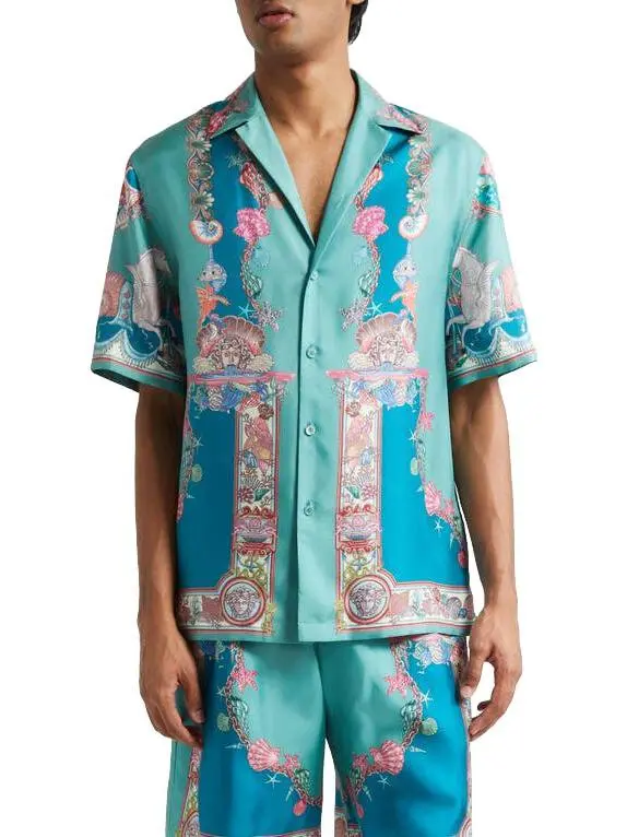 Versace Coral Theater Silk Twill Camp Shirt - Sea Green Dark Sea Green