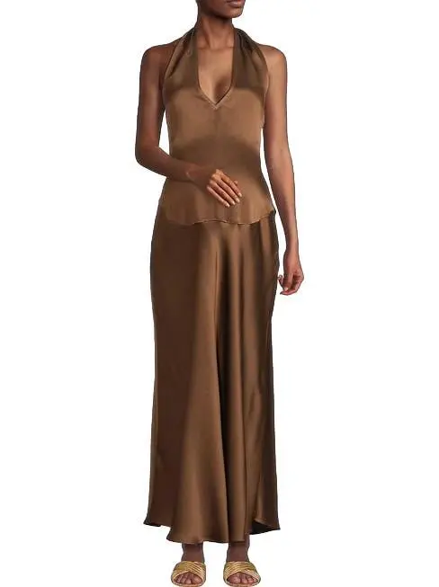 EMILIA GEORGE Giselle Satin Halter Dress - Chocolate
