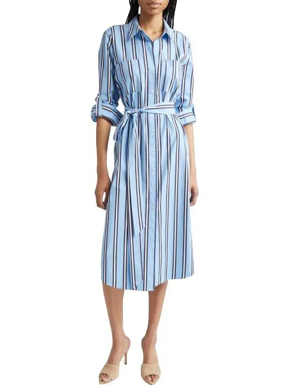 L'Agence Jubilee Stripe Belted Long Sleeve Cotton Shirtdress - Sky Blue/midnight Stripe