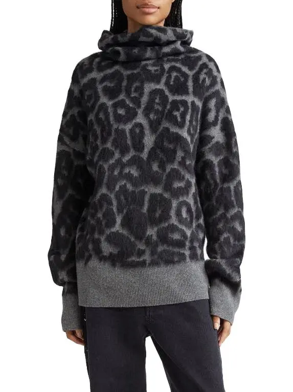 Stella McCartney Leopard Jacquard Virgin Wool Funnel Neck Sweater - 1010 - Black/ Grey