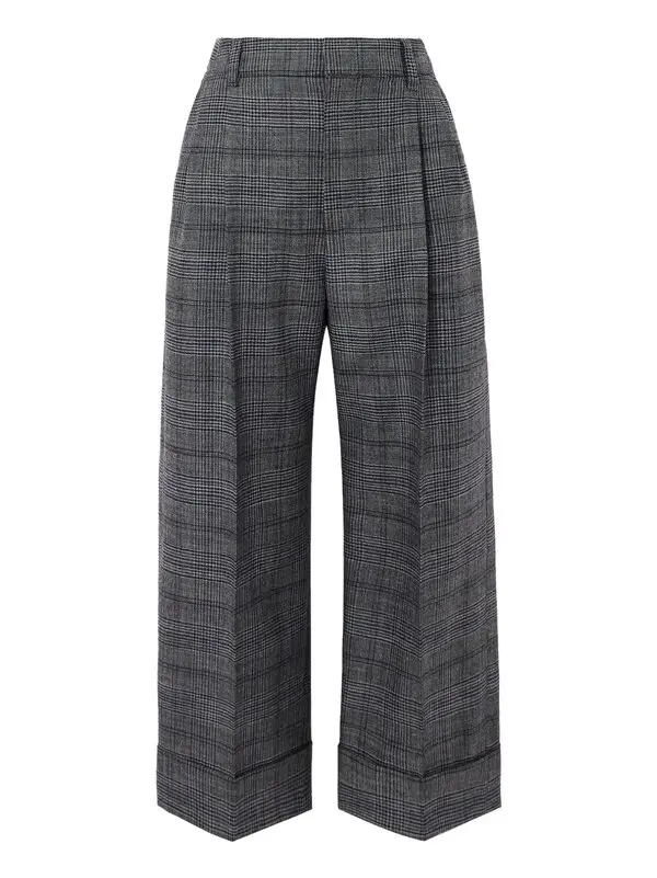 Brunello Cucinelli Cropped Bead-embellished Pleated Prince Of Wales Checked Wool Wide-leg Pants - Gray