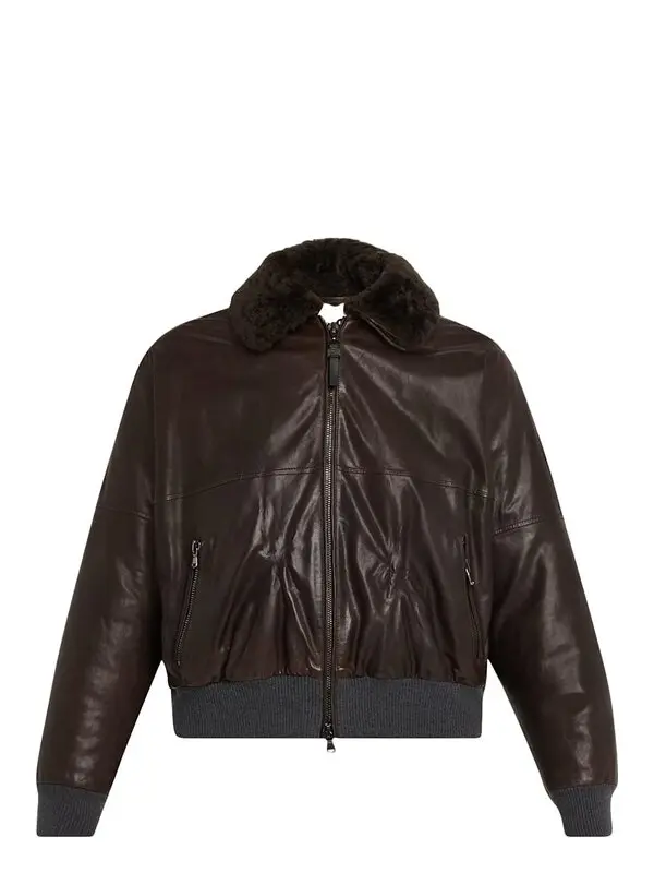 Brunello Cucinelli Leather Biker Jacket With Shearling Collar - Coffee