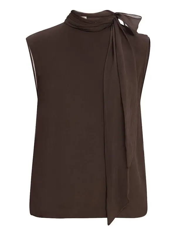 Brunello Cucinelli Crispy Silk Chiffon Tie Blouse - Dark Chocolate