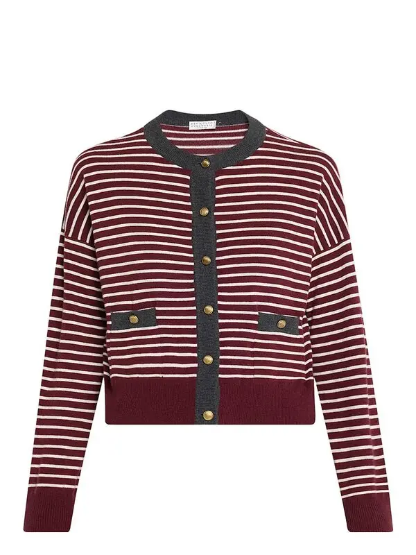 Brunello Cucinelli Striped Wool-cashmere Crewneck Cardigan - Burgundy Cream