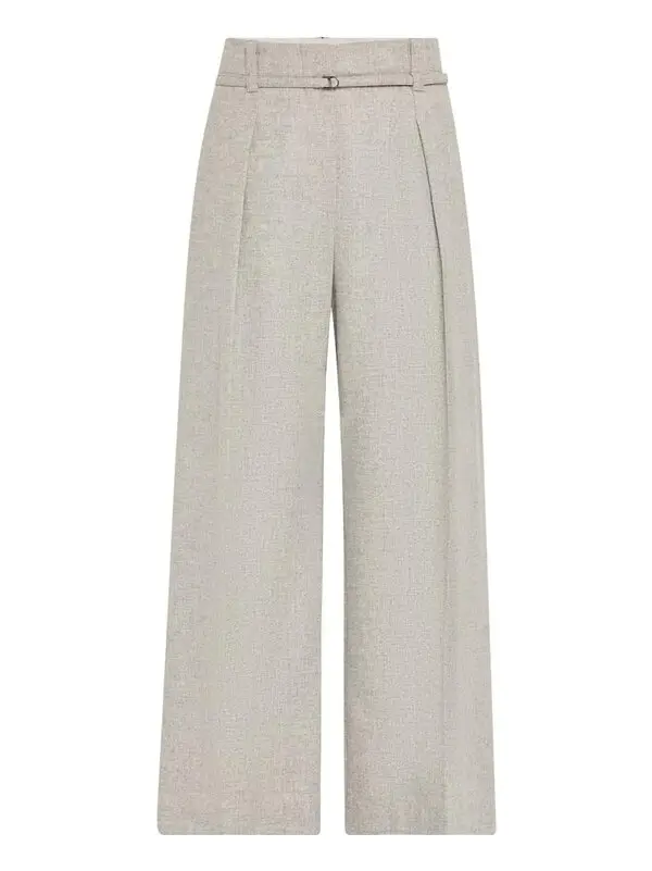 Brunello Cucinelli Cashmere-wool Flannel Sartorial Wide Leg Pants With Belt - Light Grey