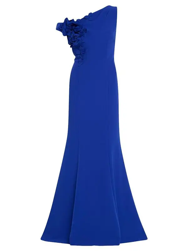 Rickie Freeman For Teri Jon One-shoulder Floral Applique Crepe Mermaid Gown - Cobalt