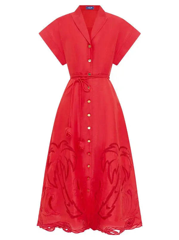 LEO LIN Aubrey Appliquéd Linen-blend Shirt Dress - Red