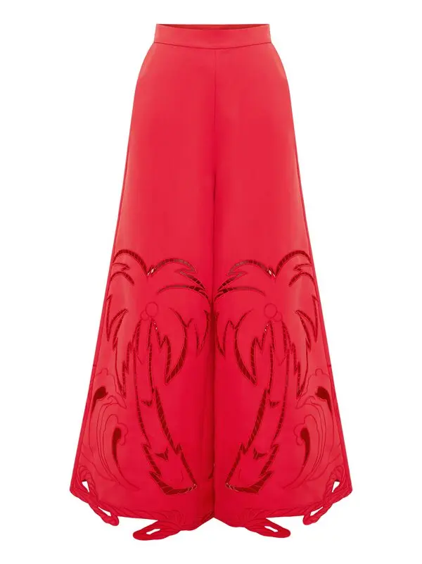 LEO LIN Theodora Appliquéd Wide-leg Pants - Red