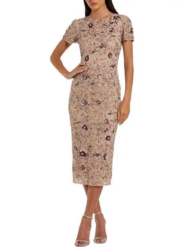 Mac Duggal Floral Embellished Mesh Midi Dress - Mocha