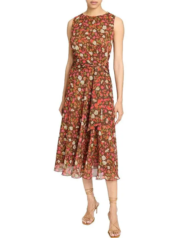 Santorelli Carma Sleeveless Midi Dress In Floral Crinkle Georgette - Coconut Multi