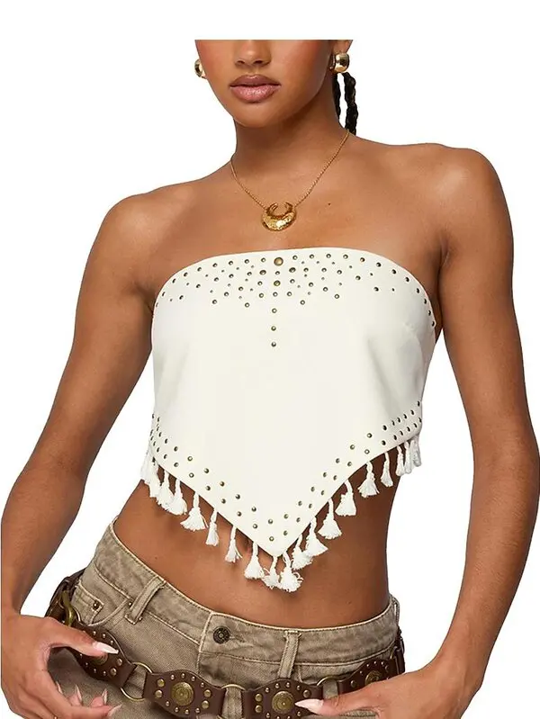 EDIKTED Stud And Tassel Handkerchief Top - Cream