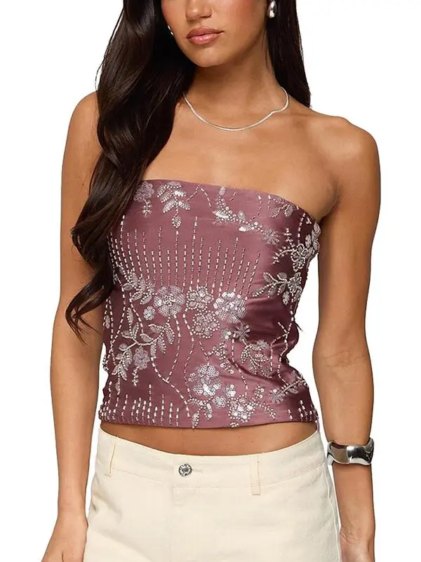 EDIKTED Zelda Bead & Sequin Strapless Top - Mauve