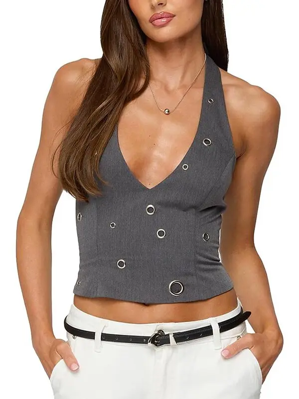 EDIKTED Sakura Grommet Halter Top - Gray