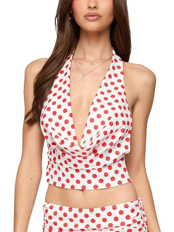EDIKTED Polka Dot Cowl Neck Top - Red And White