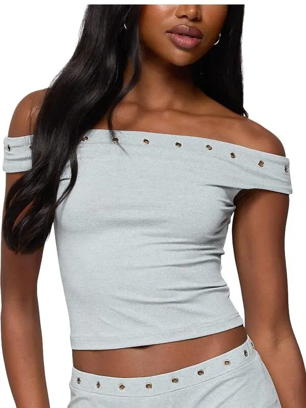 EDIKTED Neriah Grommet Off-shoulder Top - Gray Melange