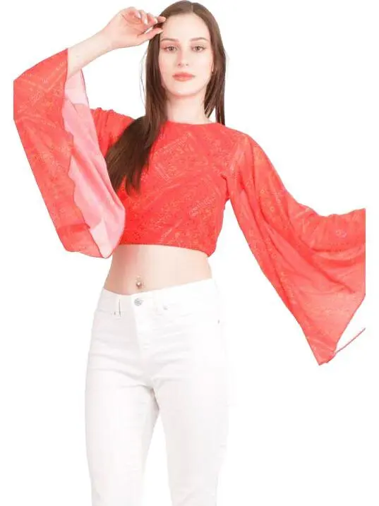 RAAS Printed Crop Top With Bell Sleeves - Red