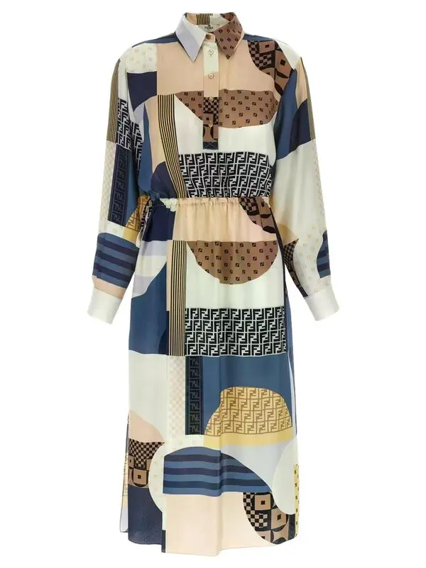 Fendi Geometric-print Silk Belted Dress - Blue