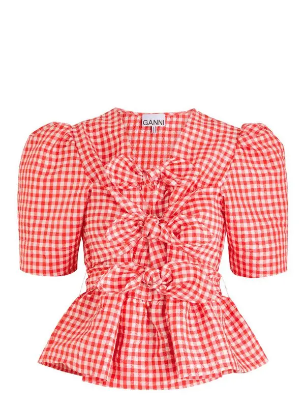 GANNI Gingham Taffeta Blouse - Red And White