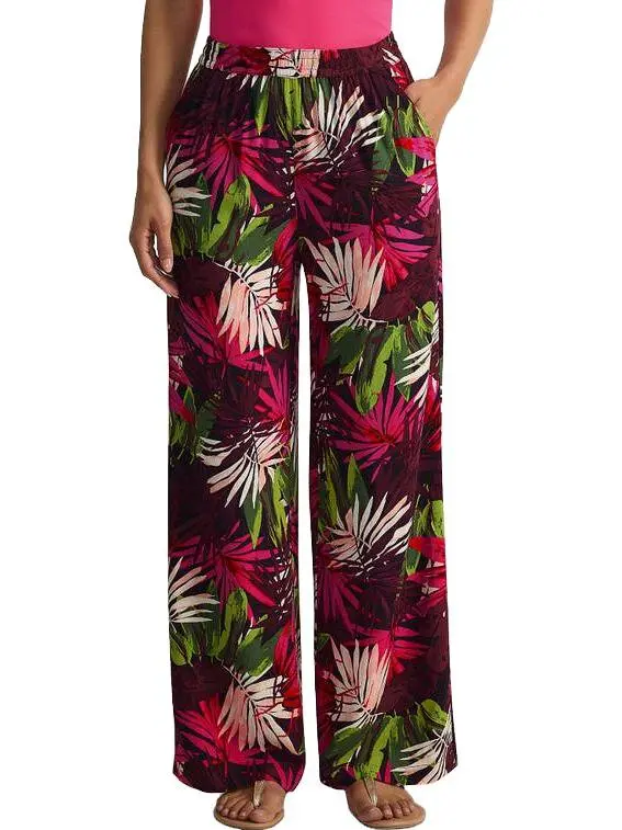 LANDS' END High Rise Wide Leg Pants - Rich Burgundy Tropical Palm