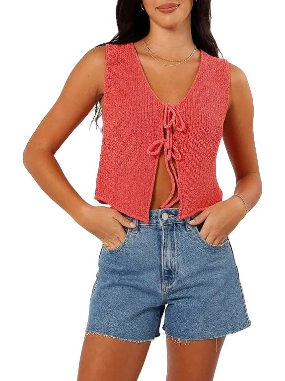 PETAL & PUP Tie Front Sleeveless Knit Top - Red