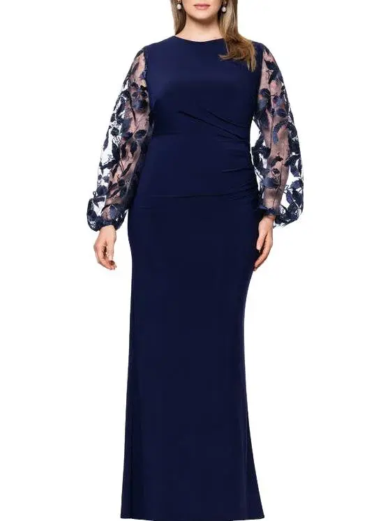 Betsy & Adam Embroidered Sheer Sleeve Gown - Navy