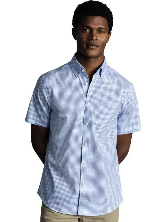 CHARLES TYRWHITT Non-iron Stretch Check Short Sleeve Shirt - Cornflower Blue