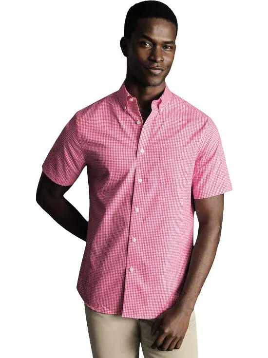 CHARLES TYRWHITT Non-iron Stretch Check Short Sleeve Shirt - Dark Pink