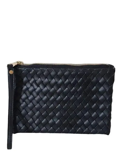 THE ARTISAN & COMPANY Woven Leather Flat Zip Pouch - Black