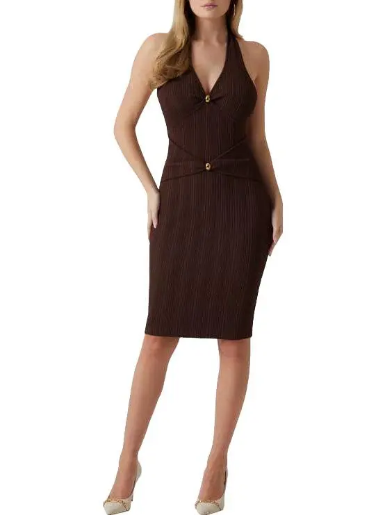 MARCIANO Kathleen Ribbed Halter Sweater Dress - Rich Brown
