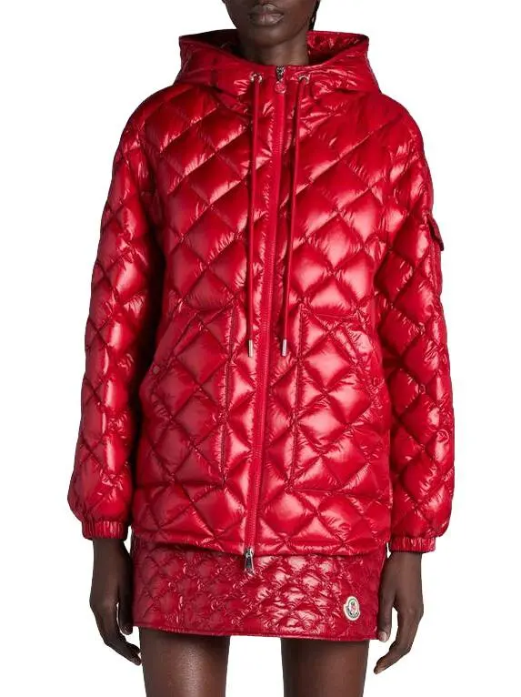 Moncler Diamond Quilted Down Hooded Jacket - Red Auburn