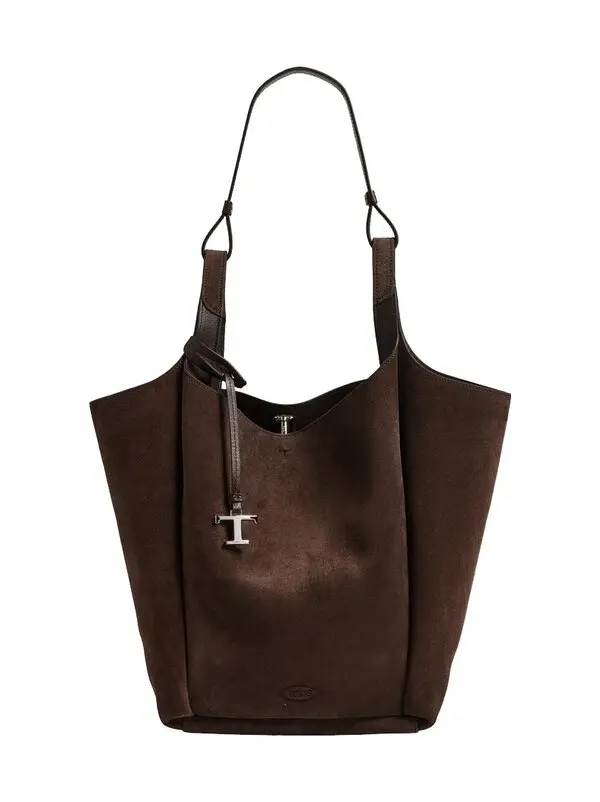 TOD'S Suede Bucket Bag With Monogram Charm - T.moro/ Marrone Africa