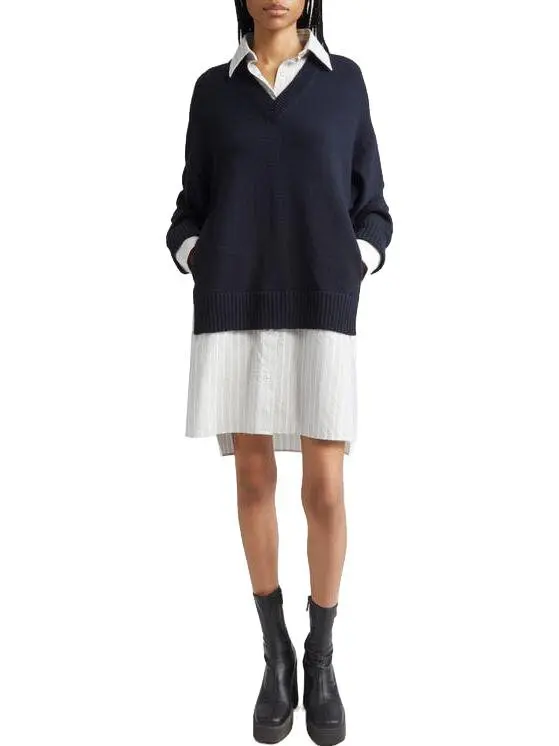 Stella McCartney Long Sleeve Mixed Media Wool Dress - 4000 - Navy