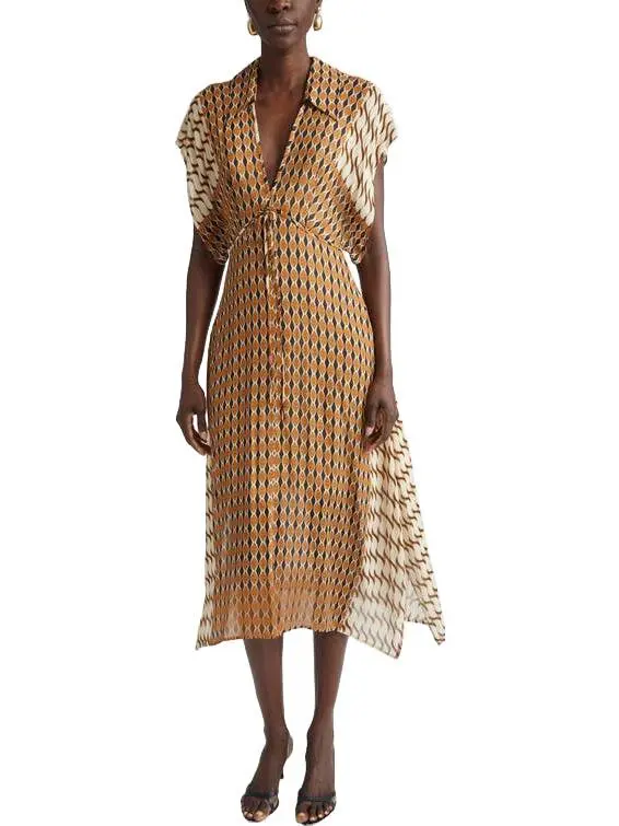 St. John Whitney Mosaic Print Dolman-sleeve Dress - Ecru/ Cinnamon Multi