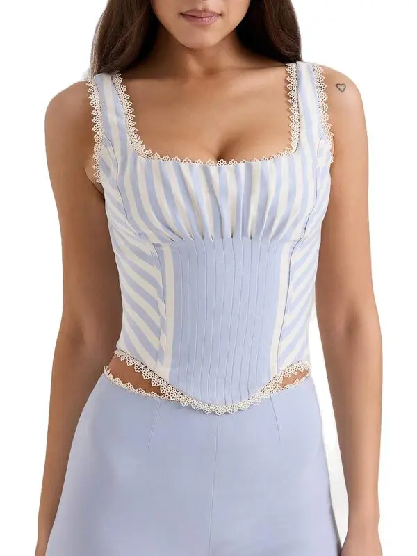 House Of Cb Petra Lace Trim Pintuck Corset Top - Stripe Blue