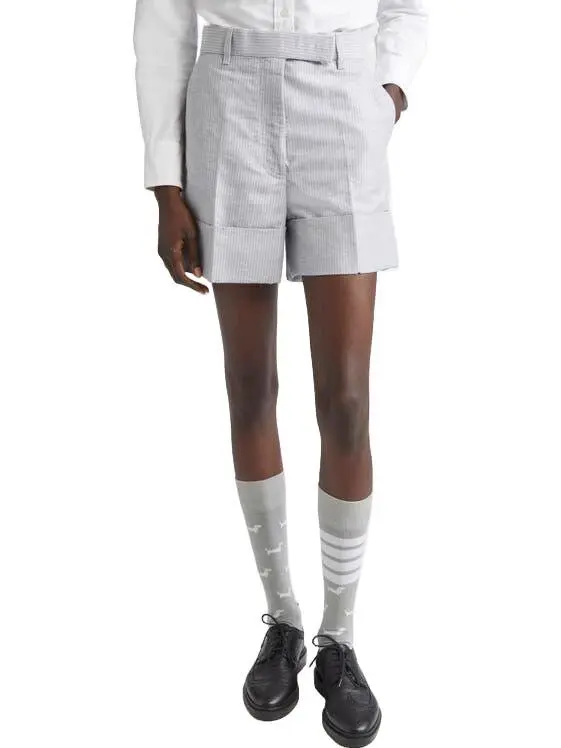 Thom Browne Pinstripe Linen & Cotton Sack Shorts - Light Grey