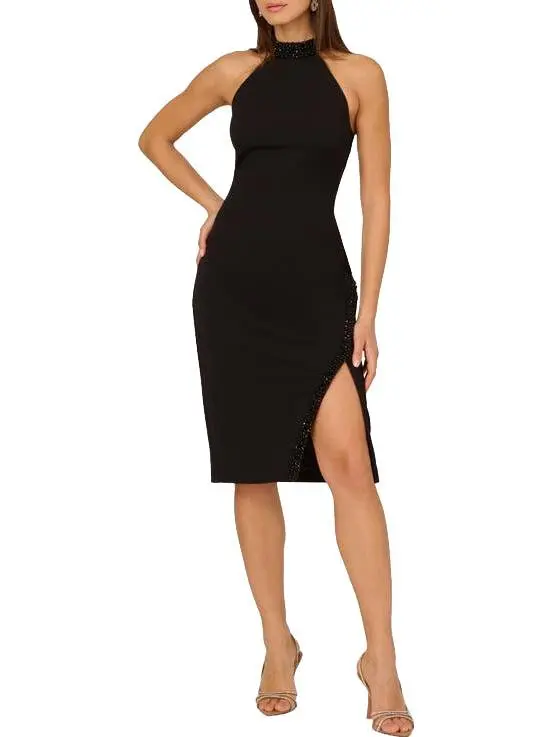Adrianna Papell Beaded Neck Crepe Midi Sheath Dress - Black