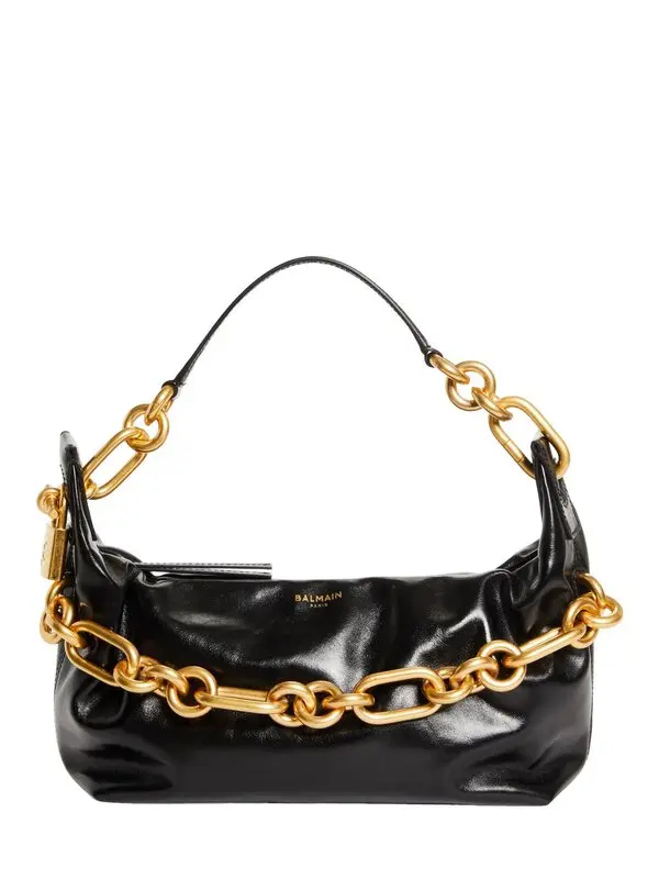 Balmain Medium Leather Hobo Bag - Black