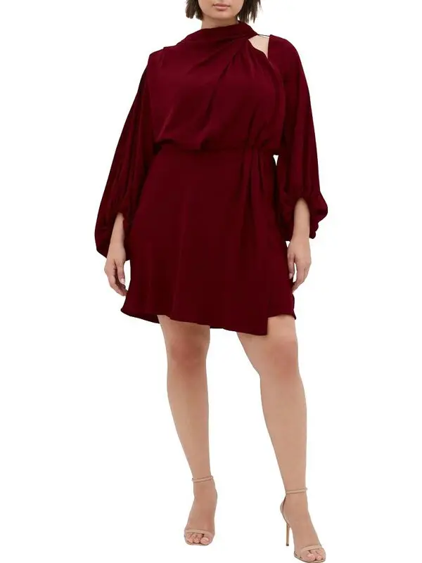 City Chic Jaylee Shoulder Cutout Long Sleeve Dress - Plum