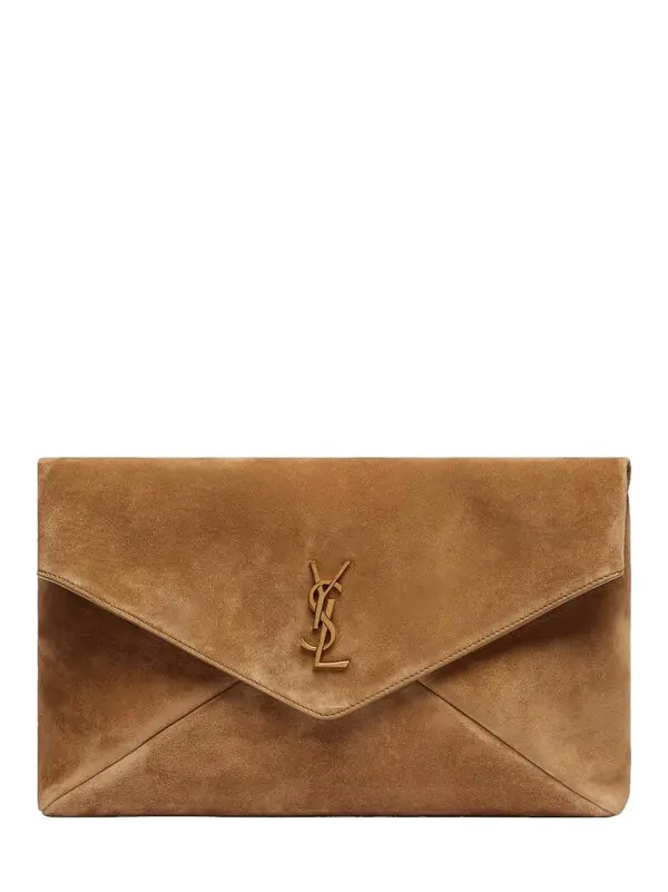 Saint Laurent Cassandre Large Suede Clutch - Brown