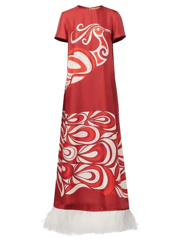 La DoubleJ Swing Feather-trimmed Silk Maxi Dress - Red