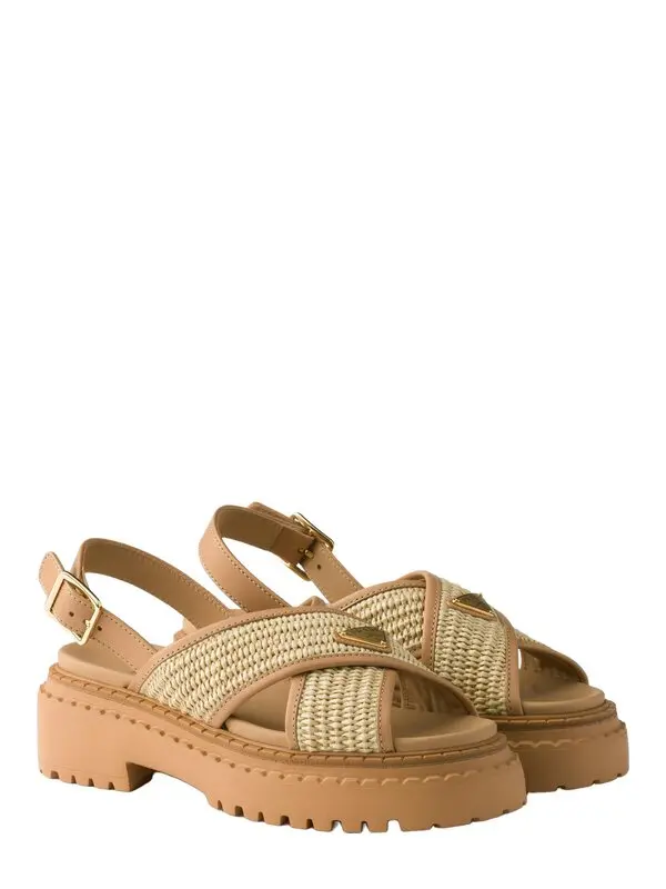 Prada Crochet And Leather Sandals - Beige